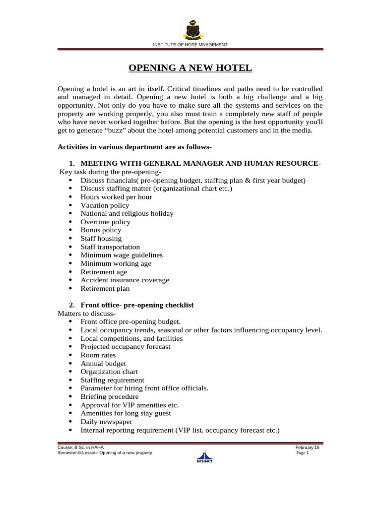 New Hotel Opening Checklist Guide | PDF | Hotel | Housekeeping