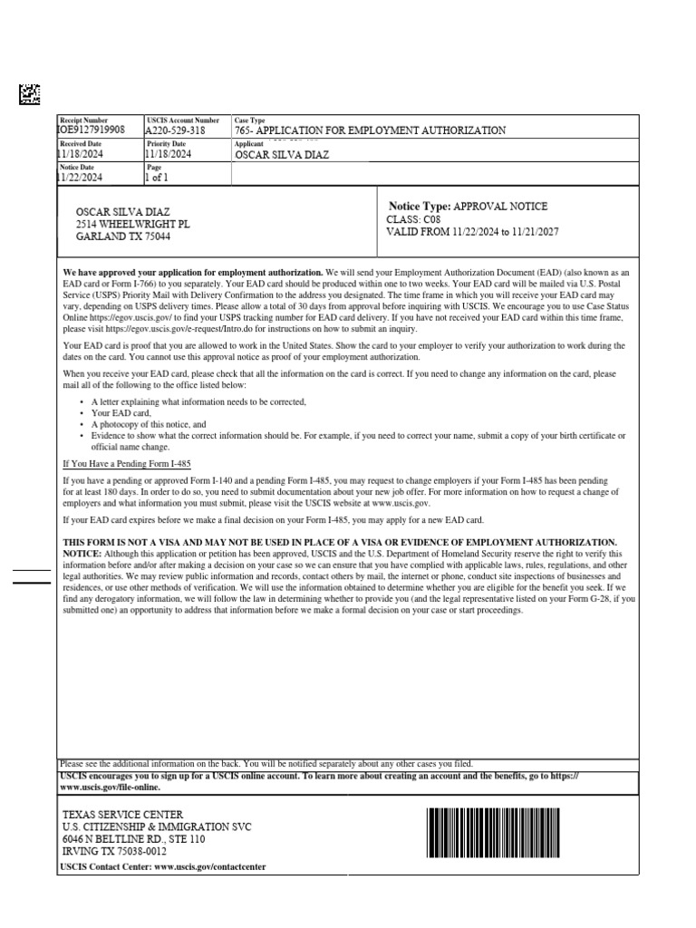 USCIS Employment Authorization Approval | PDF | Immigration To The ...