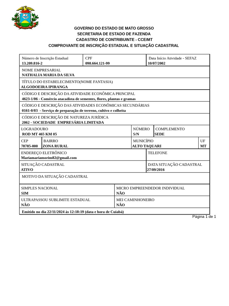 Cartão Contribuinte Inscrição Estadual 132098164 | PDF