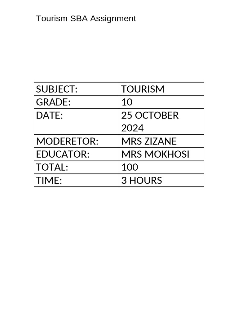 Grade 10 Tourism SBA Assignment | PDF | Tourism | Johannesburg