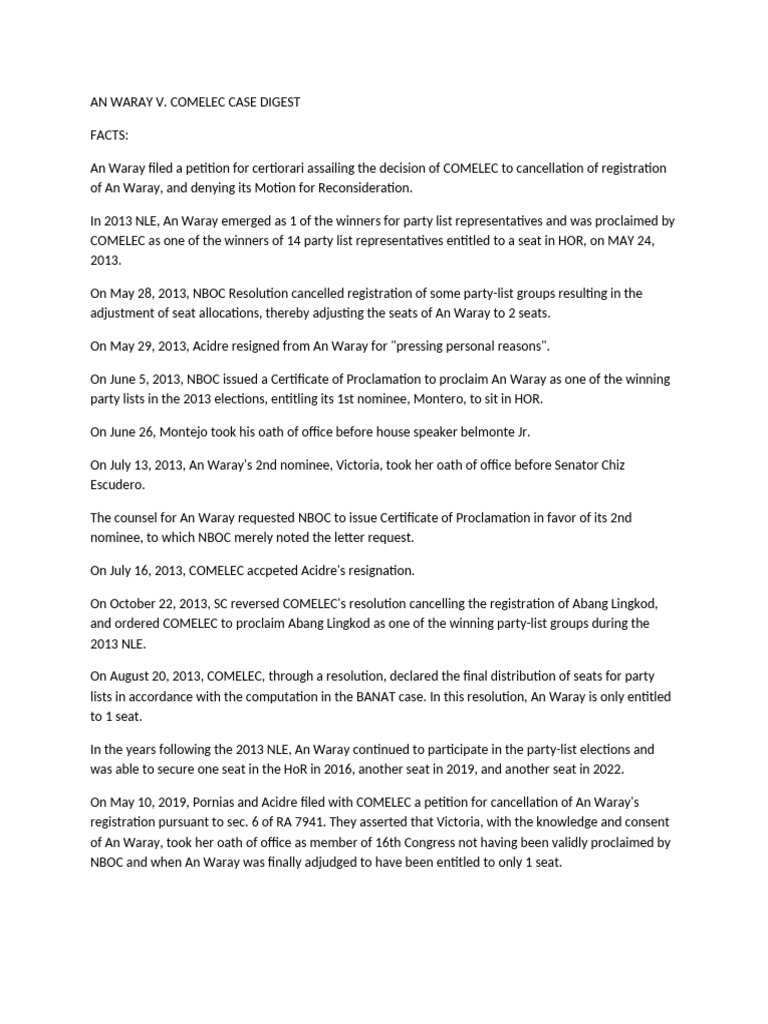 An Waray vs. COMELEC Case Summary | PDF | Commission On Elections ...