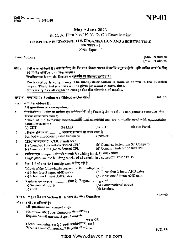 Bca 1 Year Computer Fundamentals Organisation and Architecture Np 01 ...