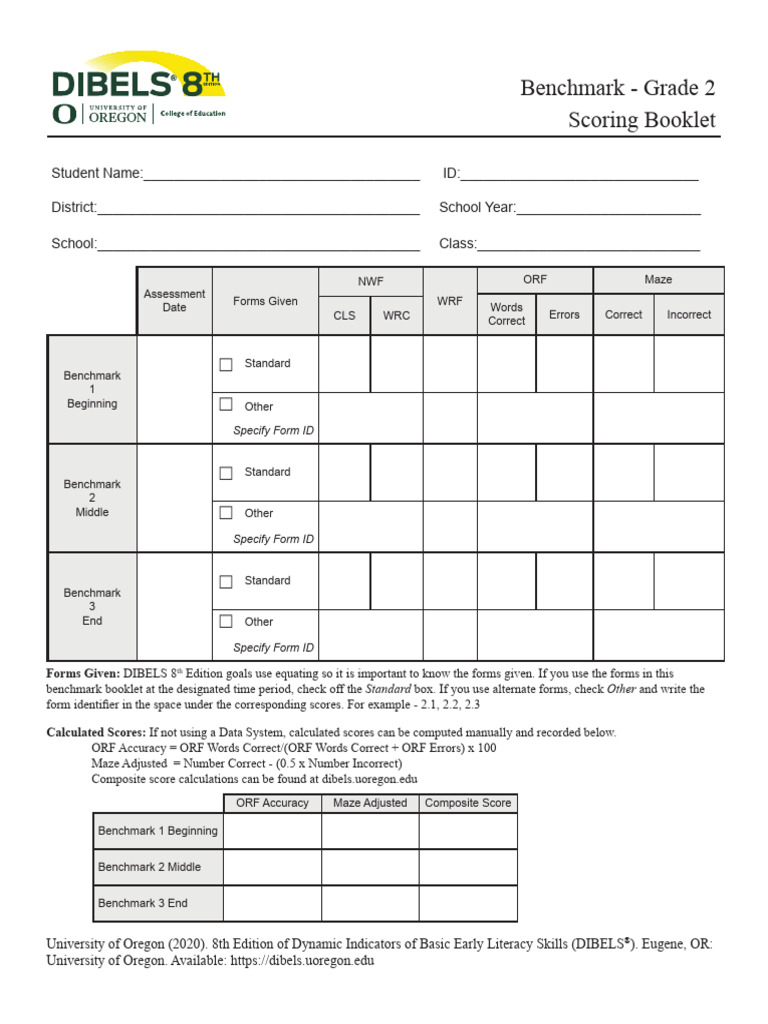Dibels 8 Benchmark 2 Scoring 2020-1 | PDF | Standardized Tests