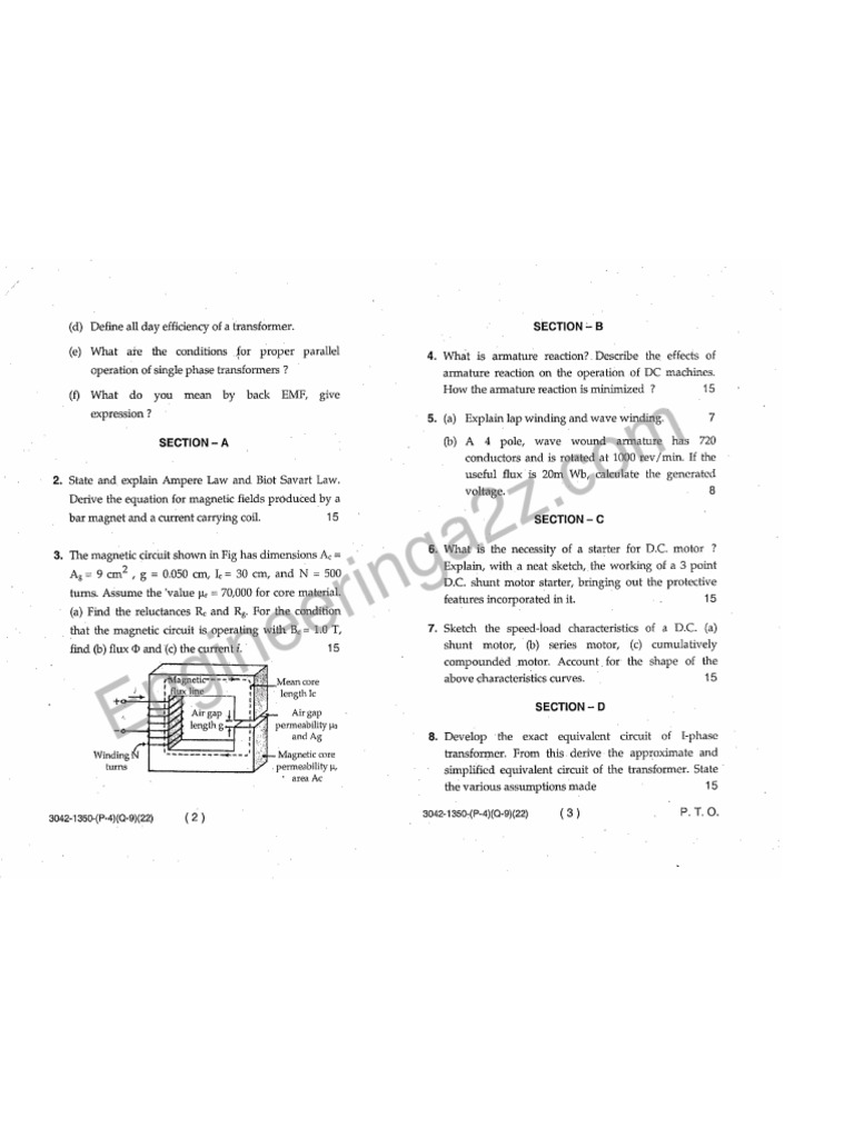 WB - Tech Electrical Engineering 3rd Semester 2022 Papers | PDF | Electric Motor | Transformer