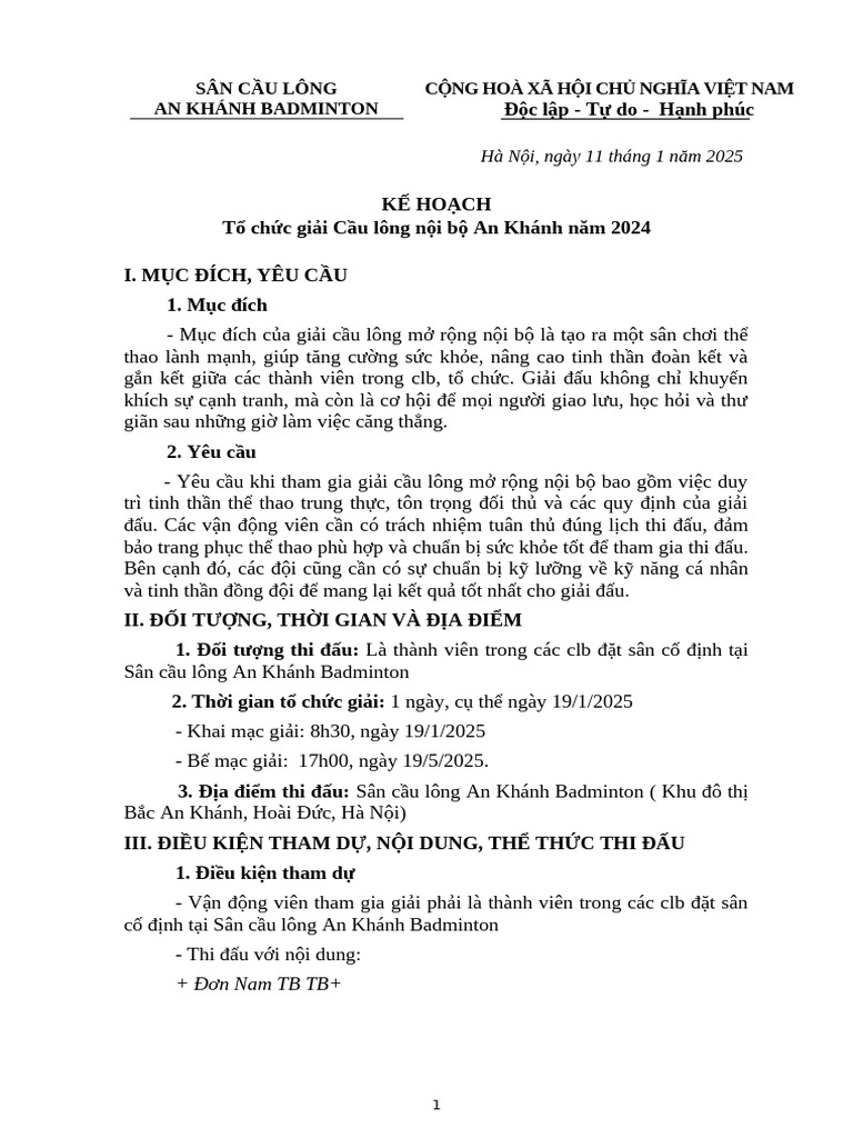 Ke Hoach To Chuc Giai Cau Long Nam 2025 | PDF