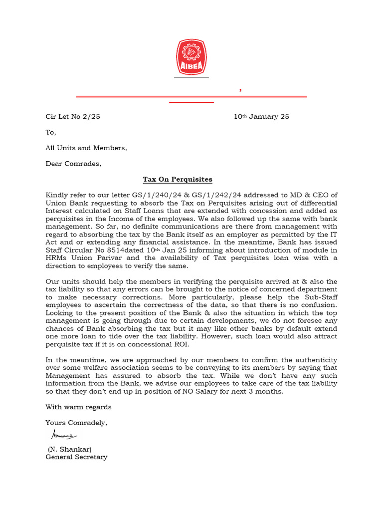 Cir Let 2-25 Tax On Perks | PDF