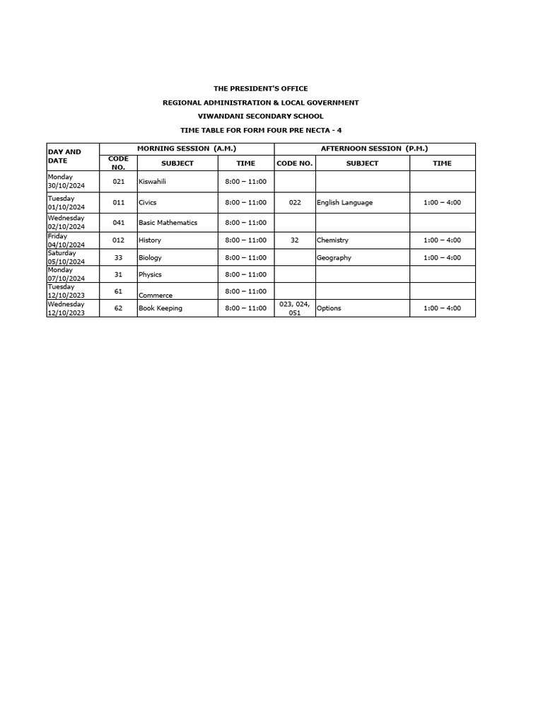 FORM FOUR PRE NECTA -4 TIMETABLE | PDF