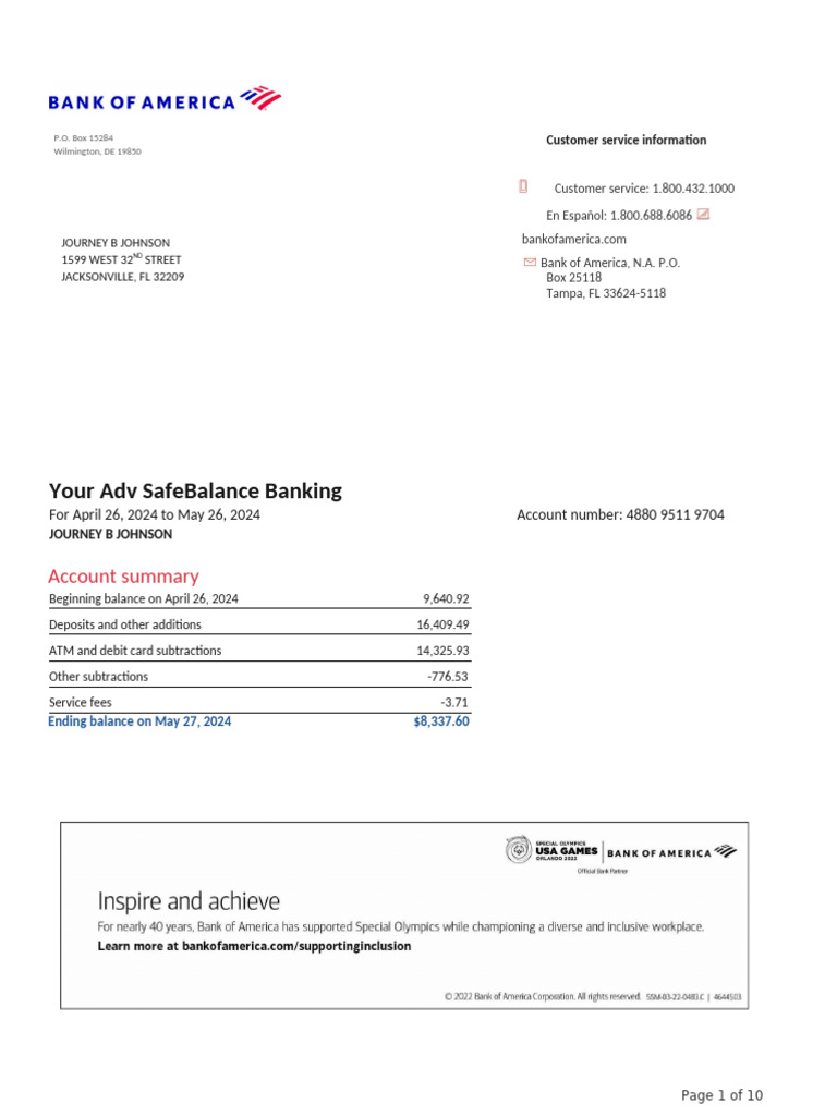 Journey B Johnson Apr 26 - May 26 BOA Bank Statement | PDF | Banks ...