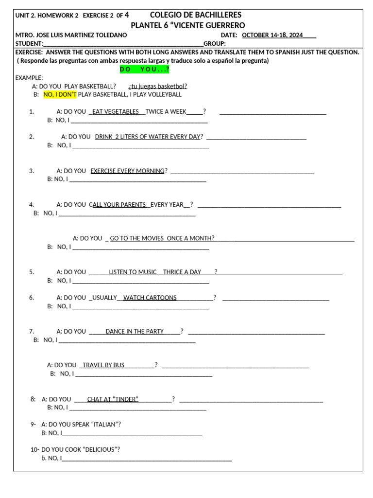 Homework Exercise: English Questions & Answers | PDF