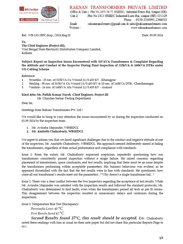 WBSEDCL Letter Reg. Inspections UGC - 05.09.24 | PDF | Transformer