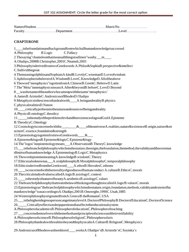 GST 102 Philosophy and Logic Quiz | PDF | Plato | Argument