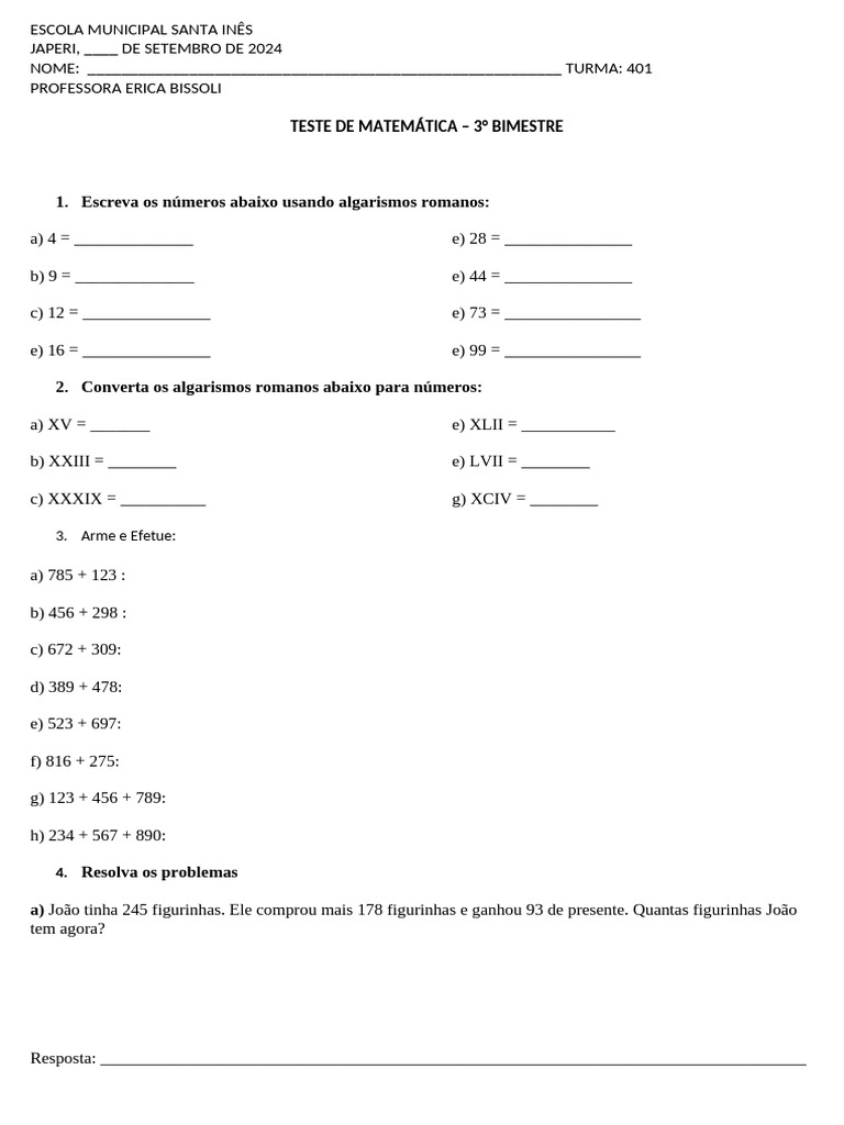Teste de Matemática 3° Bimestre 401 | PDF
