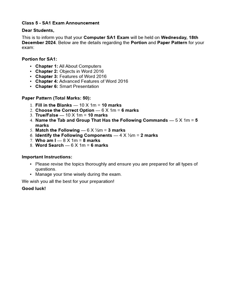 Class5 - SA1 - Paper Pattern - 2014 | PDF