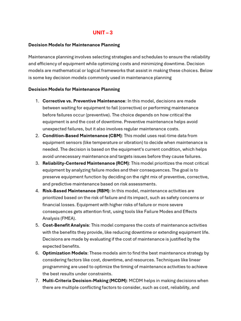 Maintenance Planning Decision Models | PDF | Reliability Engineering ...