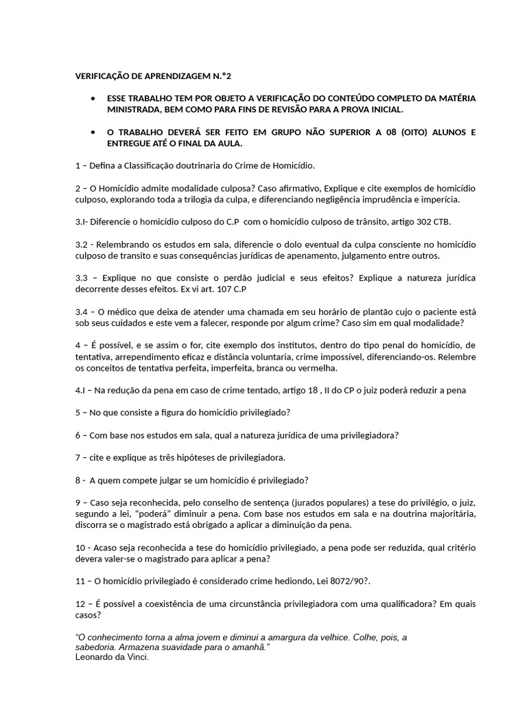 Rev. Avaliacão Inicial Penal III. | PDF | Homicídio | Crimes