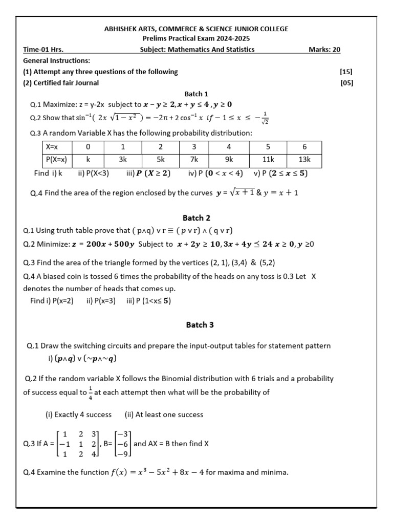 12th Maths Prelim Practical | PDF | Mathematics | Probability And Statistics