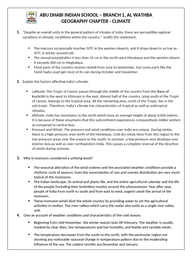 Grade 9 Climate Notes 2024-25 | PDF | Monsoon | Rain