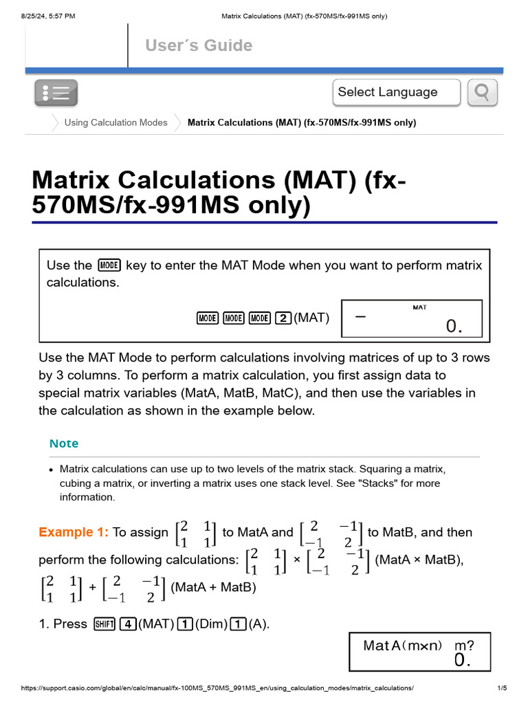 Matrix Calculations Guide fx-570MS/991MS | PDF | Matrix (Mathematics ...