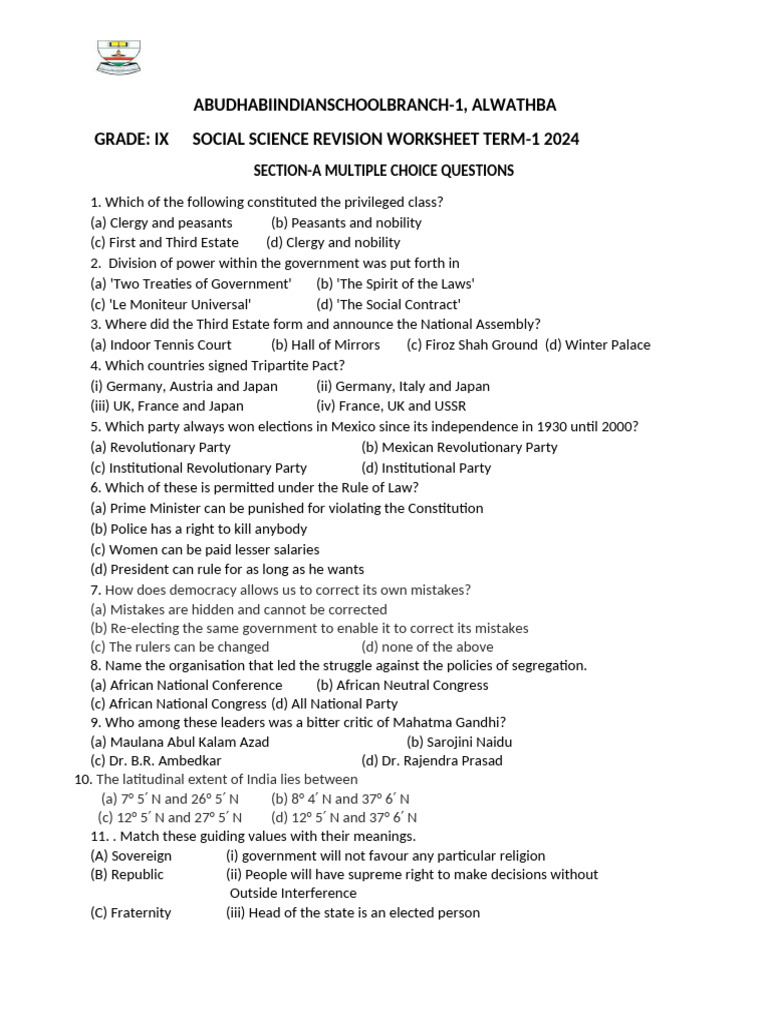 Revision Worksheet-term -1 Sst Gr9 | PDF | Democracy | Political Ideologies