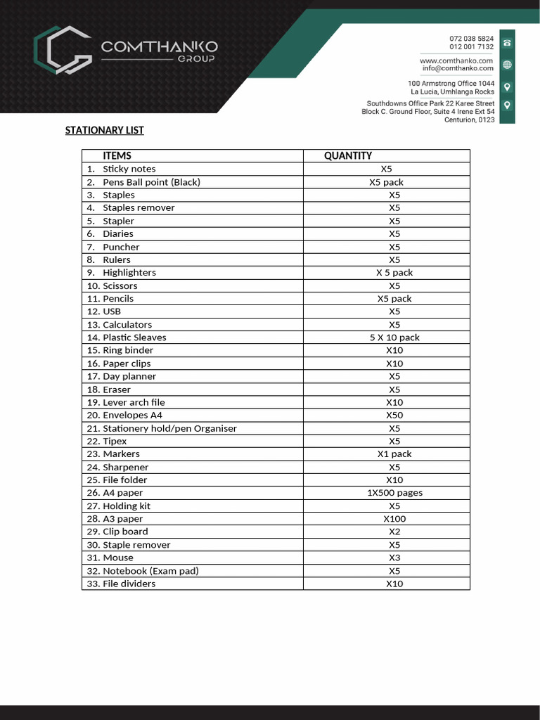 Essential Office Stationery List | PDF