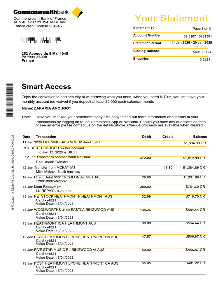 Commonwealth Bank Account Statement Summary | PDF | Banks | Debit Card