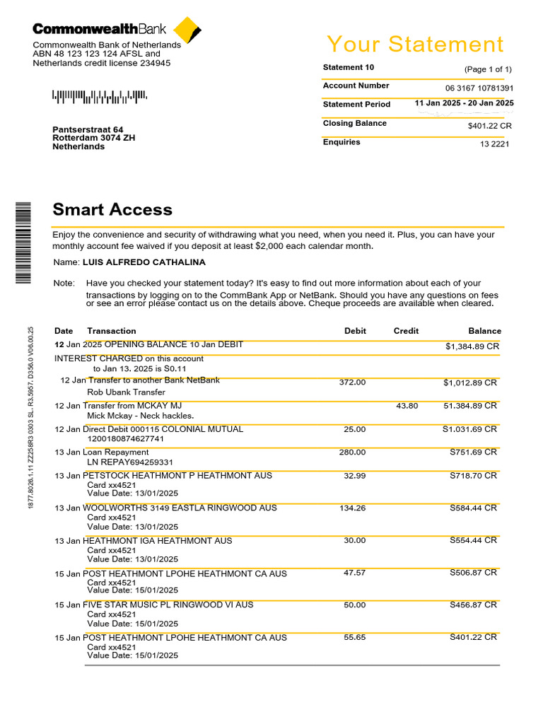 Commonwealth Bank Account Statement Summary | PDF | Banks | Debit Card