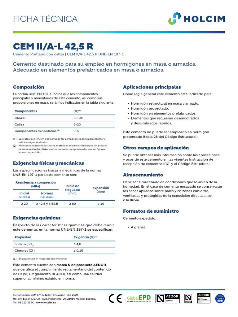 Ficha Técnica Cemento CEM II/A-L 42,5 R | PDF | Cemento | Hormigón