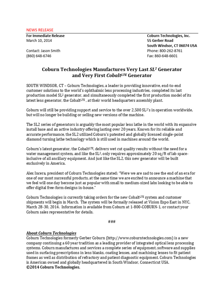 Coburn Technologies Launches CobaltLTE Generator | PDF | Lenses | Equipment