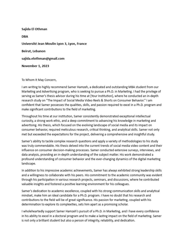 Samer Hamzeh, Recommendation Letter | PDF | Consumer Behaviour | Marketing