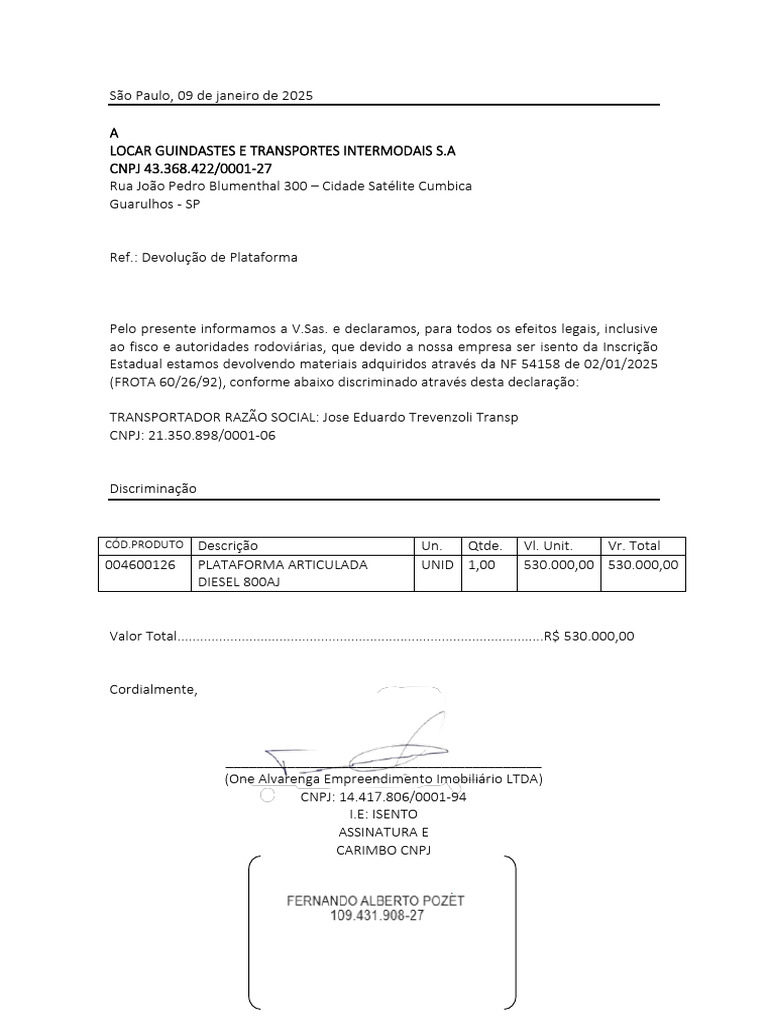 Devolução de Plataforma - NF 54158 | PDF