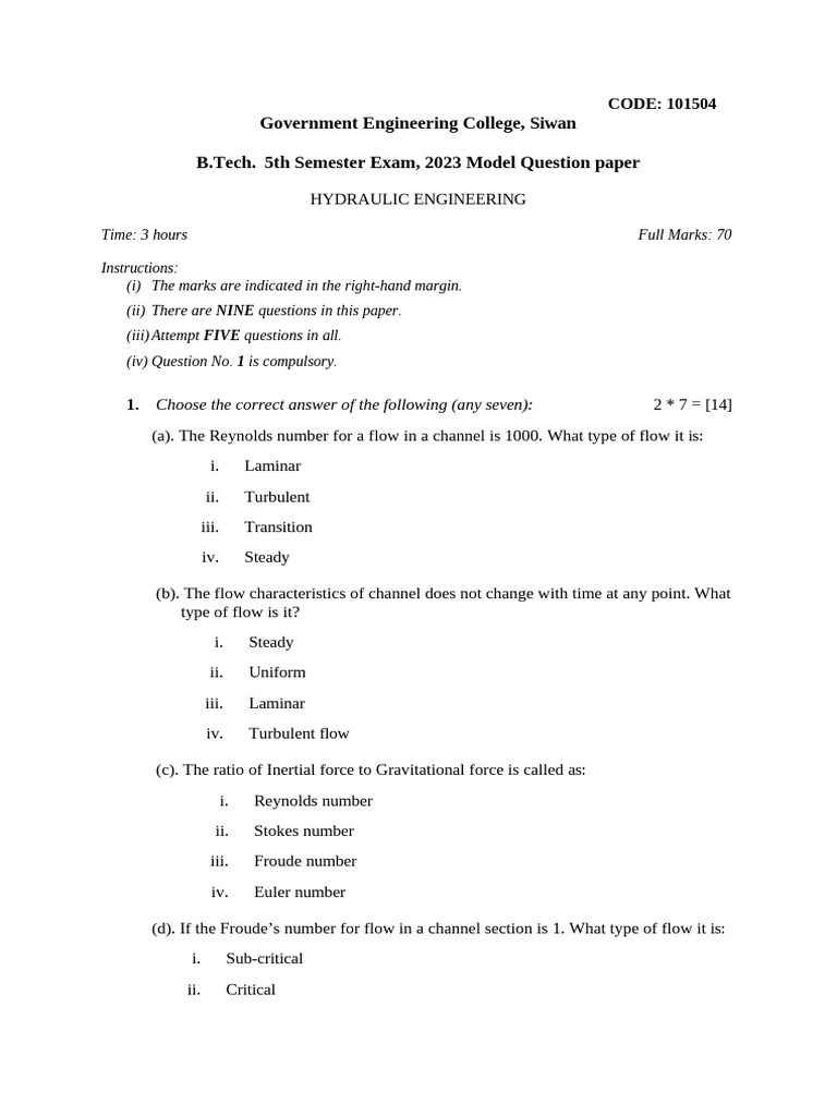 HE Endsem Model Paper 2023 | PDF | Reynolds Number | Fluid Dynamics