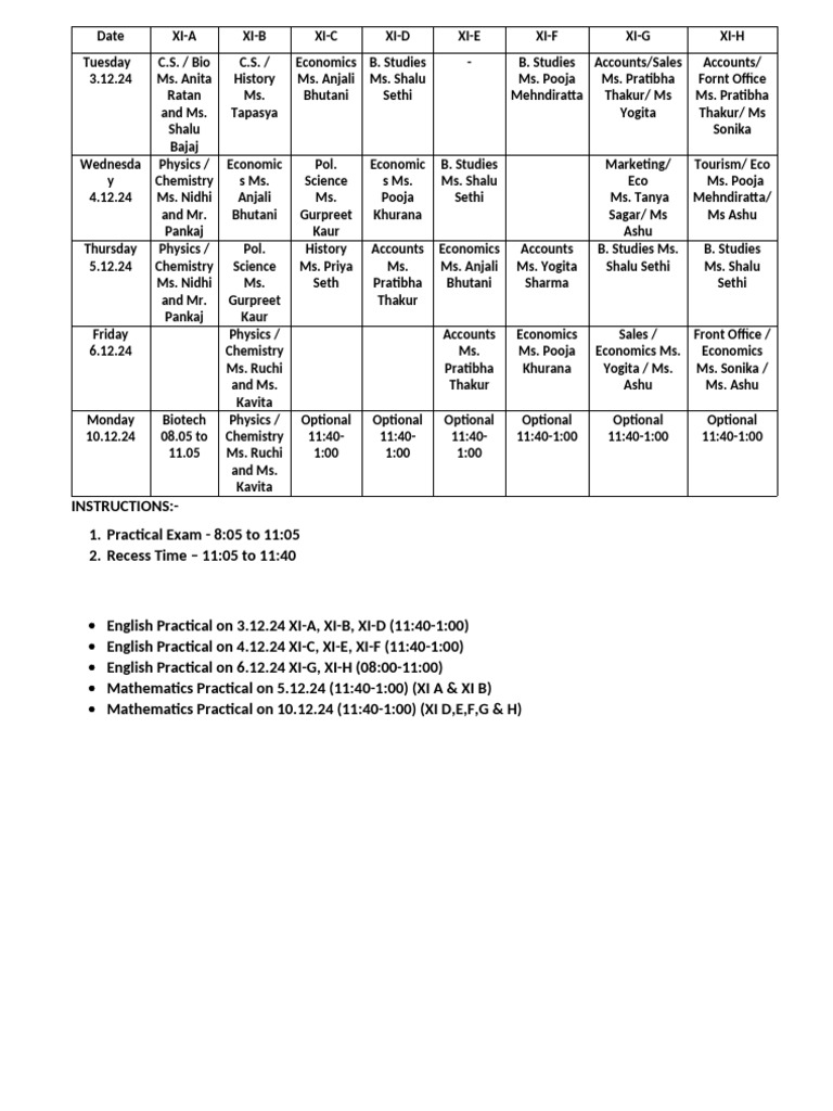 Class XI Practical Datesheet Final Term | PDF
