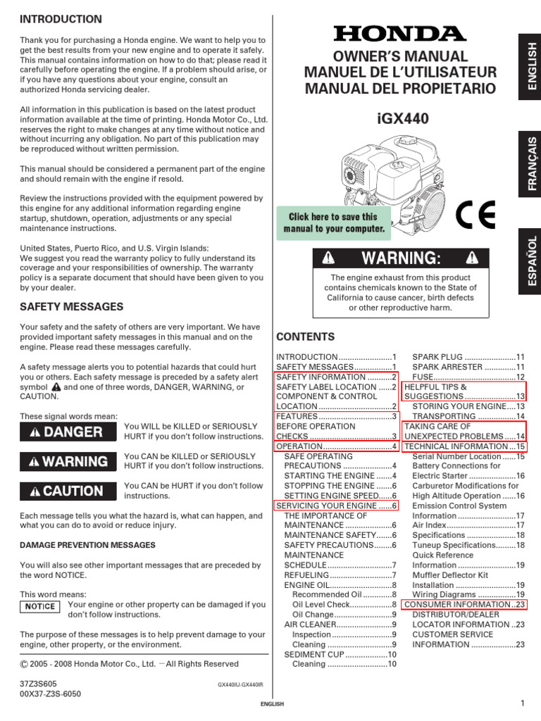 Honda Power Equipment iGX440 User Manual | PDF | Gasoline | Motor Oil