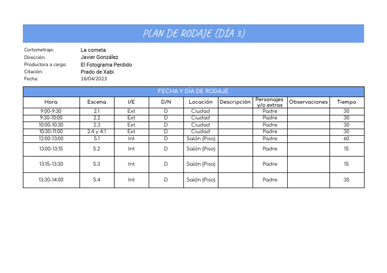 Plantilla-Plan-Rodaje-En-Excel - XLSX - DOMINGO | PDF