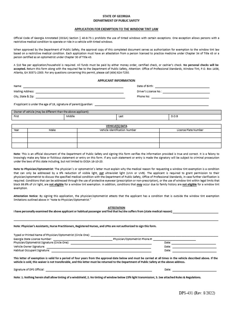 Window Tint Permit Application - Fillable - REV052024 | PDF | Ultraviolet | Physician