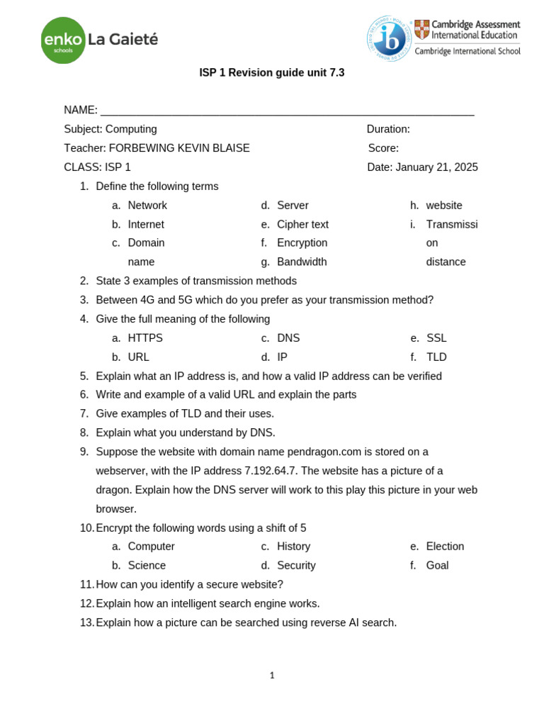 ISP 1 Revision Worksheet Unit 7.3 | PDF