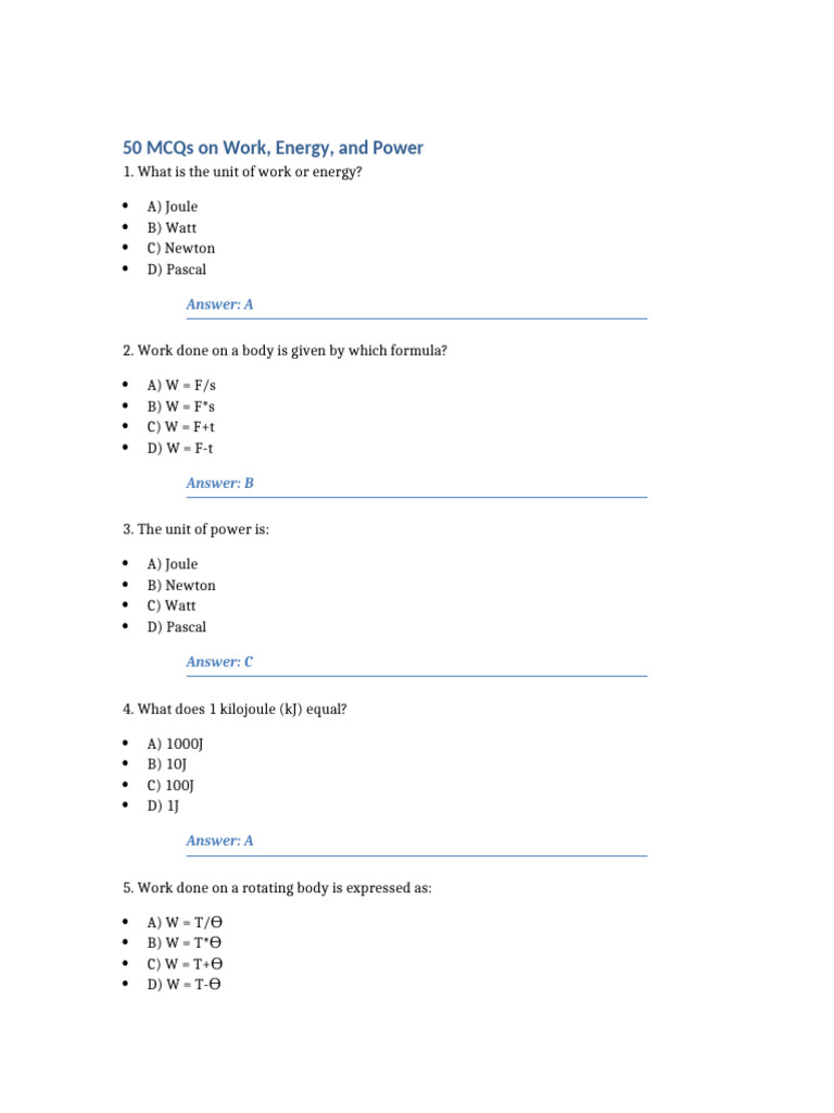 50 MCQs on Work, Energy, Power | PDF | Power (Physics) | Potential Energy