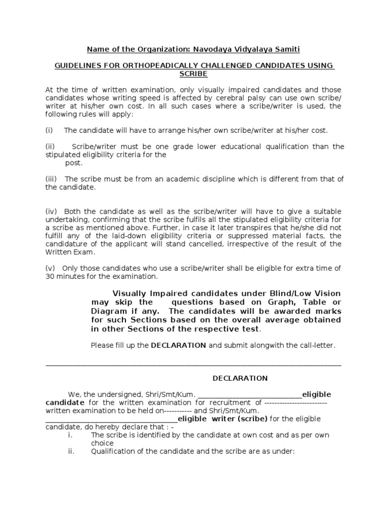 Scribe Guidelines for Navodaya Exams | PDF | Visual Impairment | Test ...