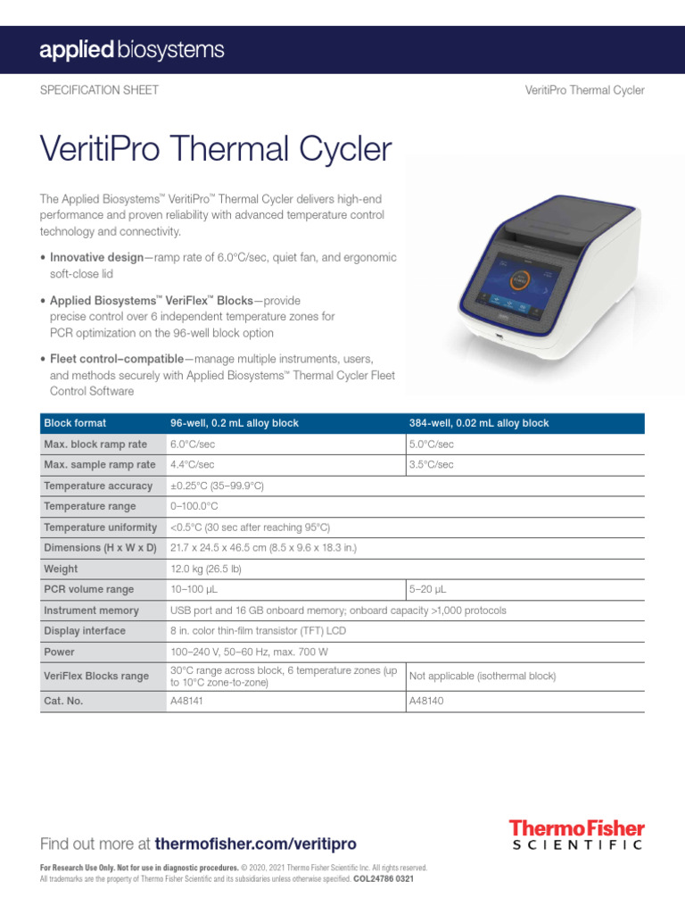 Veritipro Thermal Cycler Spec Sheet | PDF