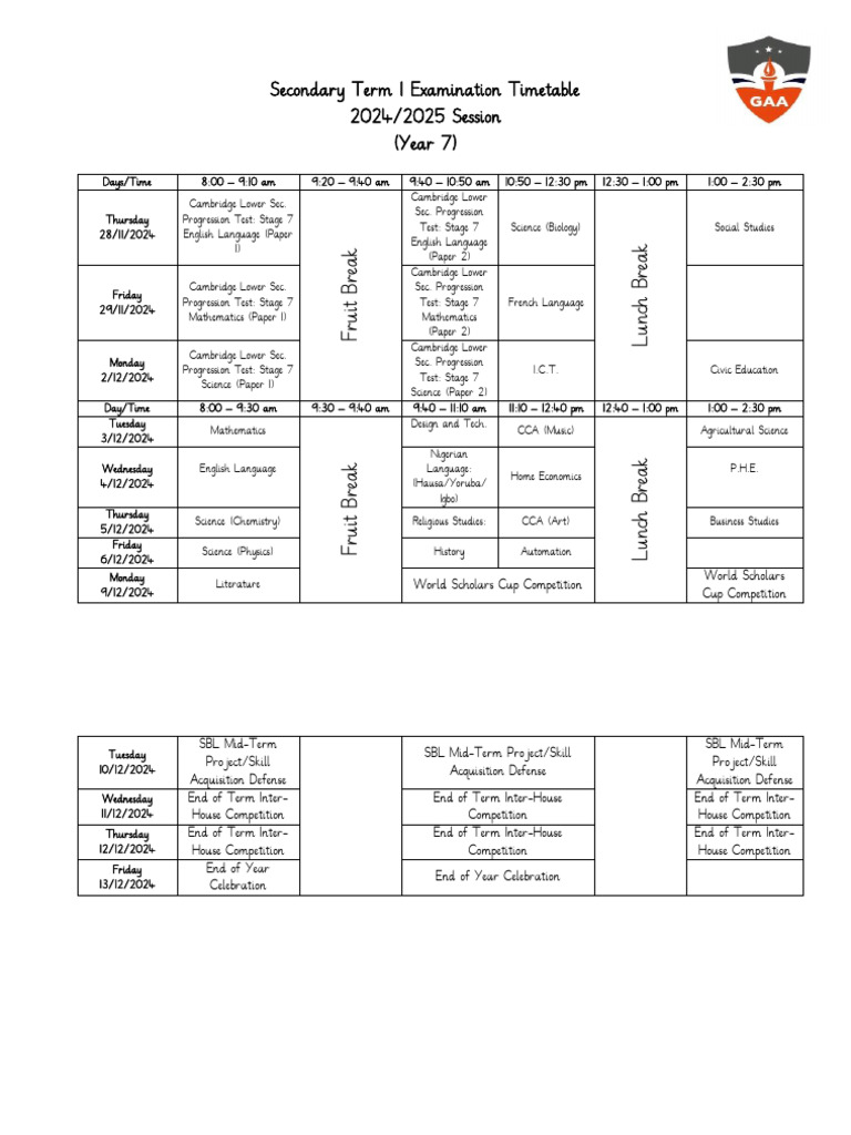 Year 7 Exam Timetable 2024/2025 | PDF