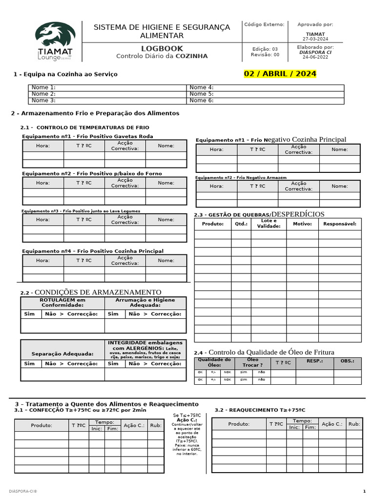 LOGBOOK Cozinha 001 | PDF | Culináriar | Preparação de alimentos e bebidas