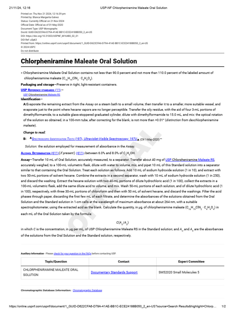Chlorpheniramine Maleate Oral Solution USP | PDF | Absorbance | Acid