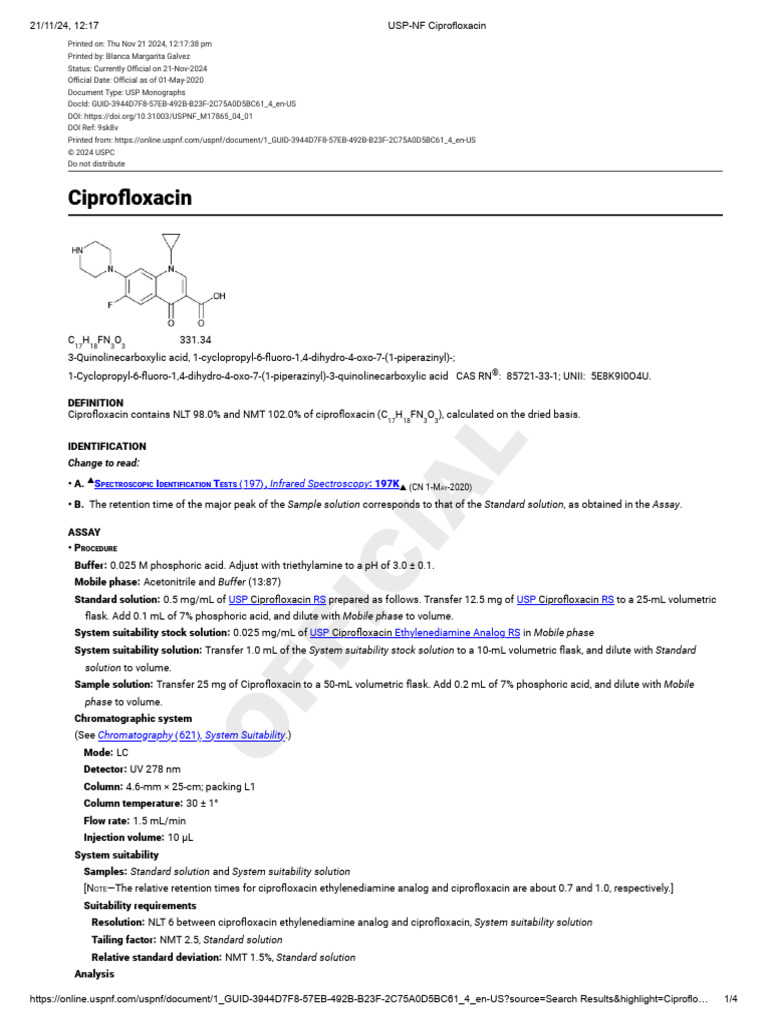 USP-NF Ciprofloxacin materia prima | PDF | Chromatography | Laboratory Techniques