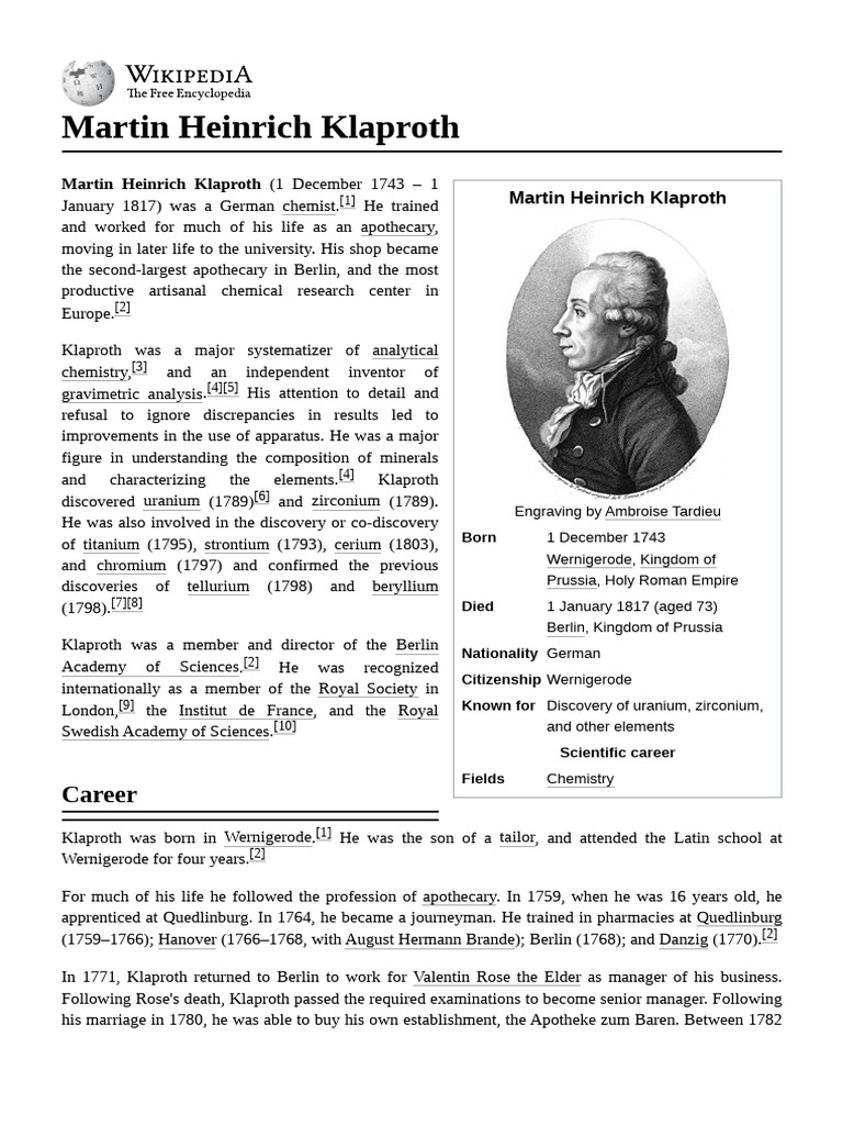 Martin Heinrich Klaproth | PDF | Atoms | Chemical Elements