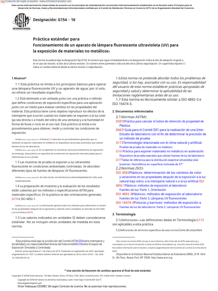 ASTM G154 2016.en - Es | PDF | Ultravioleta | Fluorescencia