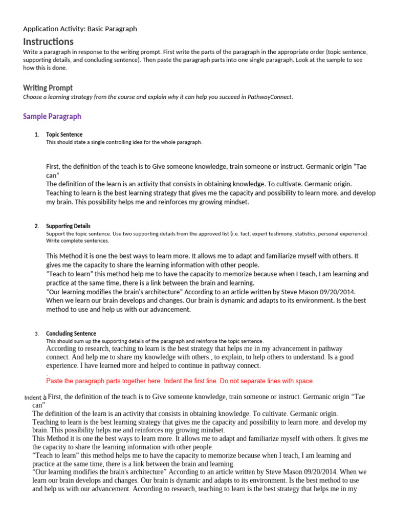 Pc101 Application Activity Basicparagraph | PDF | Learning | Paragraph