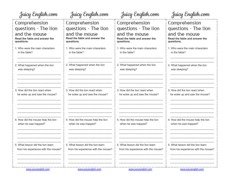 Comprehension Questions: Lion & Mouse | PDF | Fable | Anthropomorphism