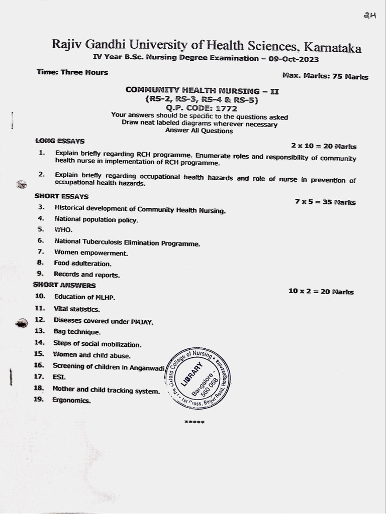 community health nursing II previous year question paper (2) | PDF