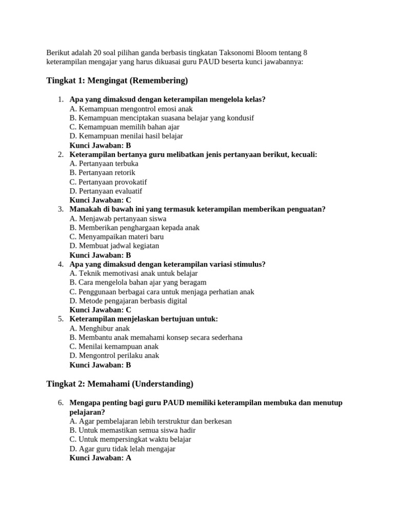Soal Taksonomi Bloom untuk Guru PAUD | PDF
