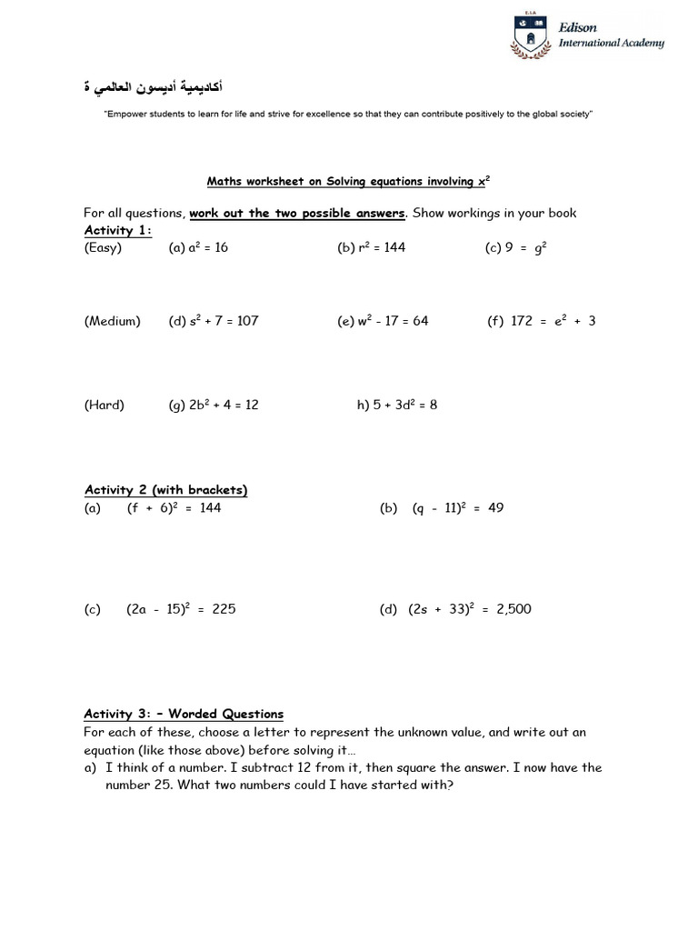 Solving Equations With x Squared Ws3 | PDF
